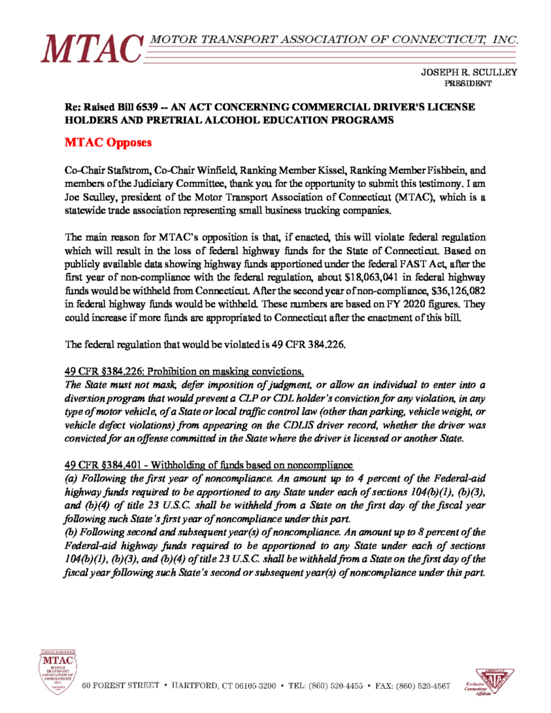mtac-testimony-hb6539-20210311 - Motor Transport Association of Connecticut
